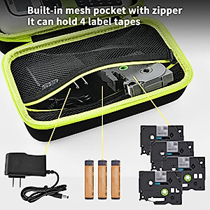 Case Compatible with Brother for P-Touch PTH110/ PRTH110/ Pro PT-H111/ PTE110 Portable Label Maker, Storage Holder Carrying Organizer for 4 Label Tapes, AC adapter, Charging Cables, Batteries (Box Only) -Black