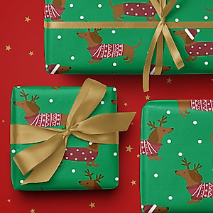 LeZakaa Christmas Green Wrapping Paper Roll - Dachshund Dressed in Festive customes, White Dots Xmas Green Design for Christmas, Holiday Party Gift Wrap - 17 inches x 16.4 Feet (23.2 sq.ft.)