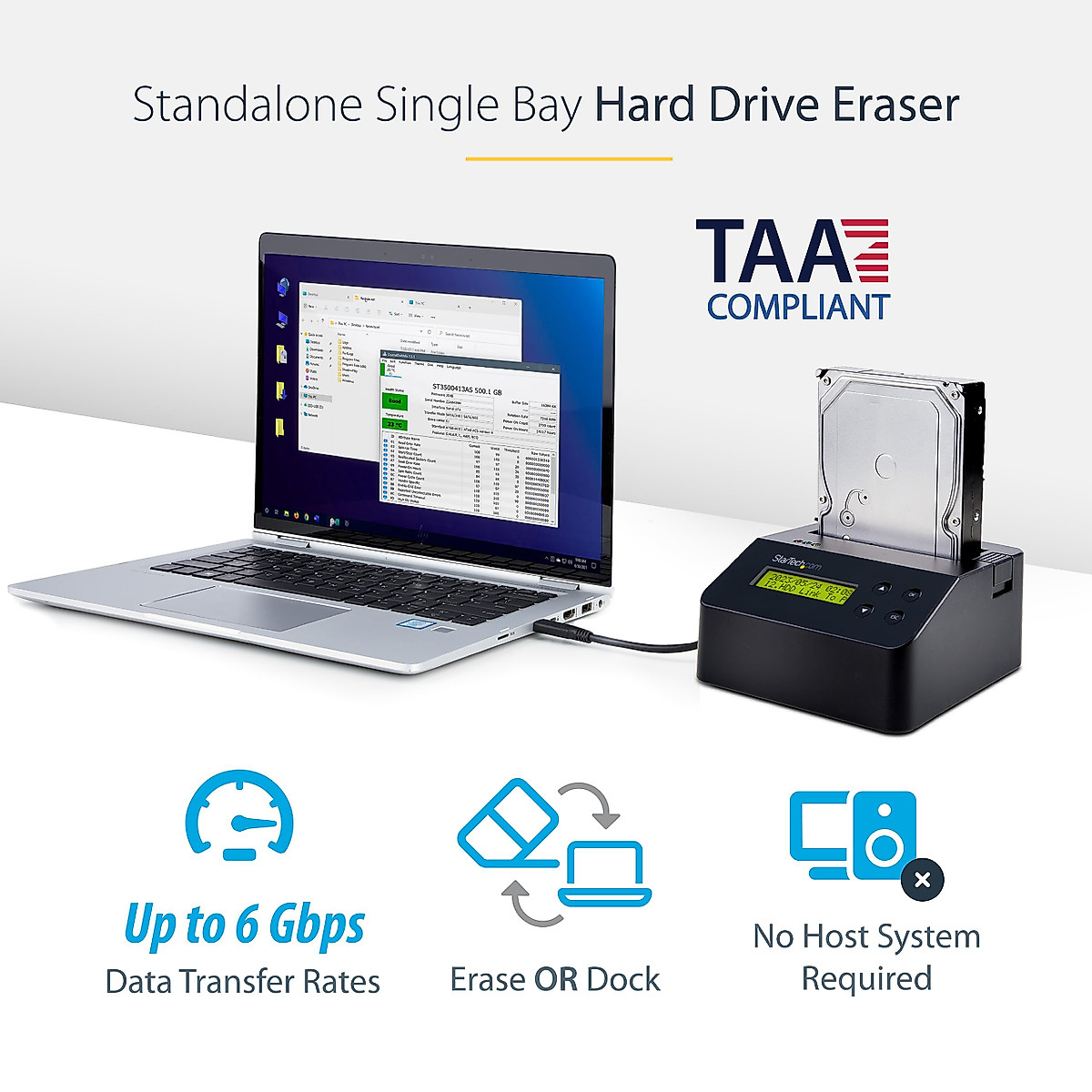 StarTech.com Single Bay Hard Drive Eraser, Standalone HDD/SSD Disk Wiper/Sanitizer, 4Kn, USB 3.0 to SATA III, 9 Erase Modes, LCD, RS232 Printer Port, Hardware Erasing Tool, TAA Compliant (SDOCK1EU3P2)