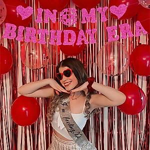 Pre-Strung In My Birthday Era Banner, NO-DIY Popular Singer Happy Birthday Banner Hot Pink Glitter Birthday Decorations Banner for Fans Girls Women Birthday Party