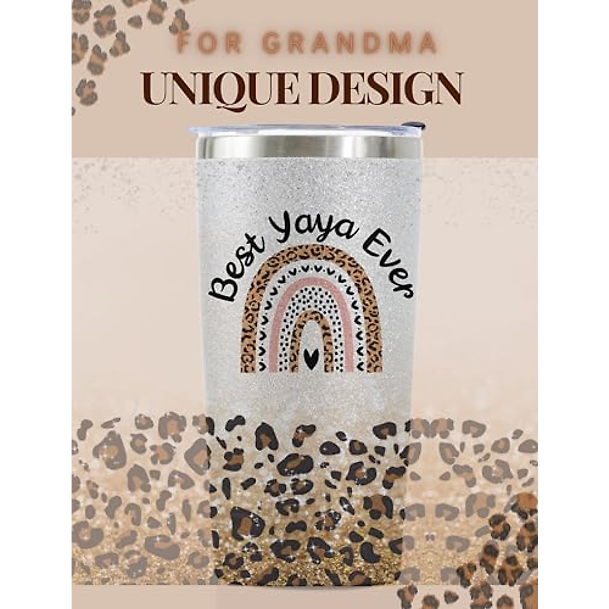 Onebttl Yaya Gifts from Granddaughter, Grandson, Insulated Stainless Steel Wine Tumbler with Lid and Straw, for Grandma on Mother's Day, Birthday, Christmas, Best Yaya Ever, Glitter Silver, 20 oz