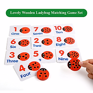 WODI Wooden Counting Ladybugs 0-10 Alphabets & Numbers Sorting Montessori Educational Toys for Toddlers Girls&Boys 3+ Learning to Count Cards Matching Painted Ladybug Toy