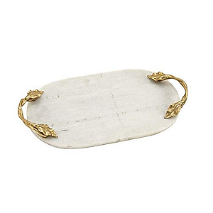 Deco 79 Marble Oval Tray with Gold Twisted Leaf Handles, 20" x 10" x 2", White