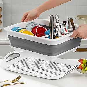 Nicunom Collapsible Dish Drying Rack and Drainboard Set , Portable Dish Drainer, Foldable Dinnerware Organizer for Kitchen Countertop RV Camper