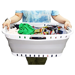 SAMMART 44L Collapsible Plastic Laundry Basket - Foldable Pop Up Storage Container/Organizer - Portable Washing Tub - Space Saving Hamper/Basket (1, White/Grey), Size: 25.4 x 17.3 x 10.2 inches