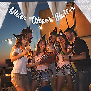 Older Wiser Hotter Banner, Silver Glitter Birthday Party Decorations for Adults, Funny 30th Happy Birthday Decor for Men Women, 40th 50th 60th Bday Triangle Flags Banner and Tinsel Foil Curtains Decor