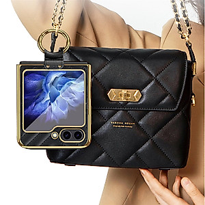 Soyeacrg Case for Samsung Galaxy Z Flip 5, Ultra Thin Luxury Quilted Leather Gold Plated Frame Folding Women Case with Ring Holder Camera Lens Protection Film for Samsung Z Flip 5 2023,Red