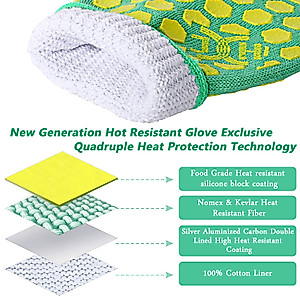 J H Heat Resistant Oven Gloves: EN407 Certified 932 °F, Bluish Green Shell with Yellow Silicone Coating, BBQ & Oven Mitts for Cooking, Kitchen, Fireplace, Smoking, Grilling, Baking, Women Fits All