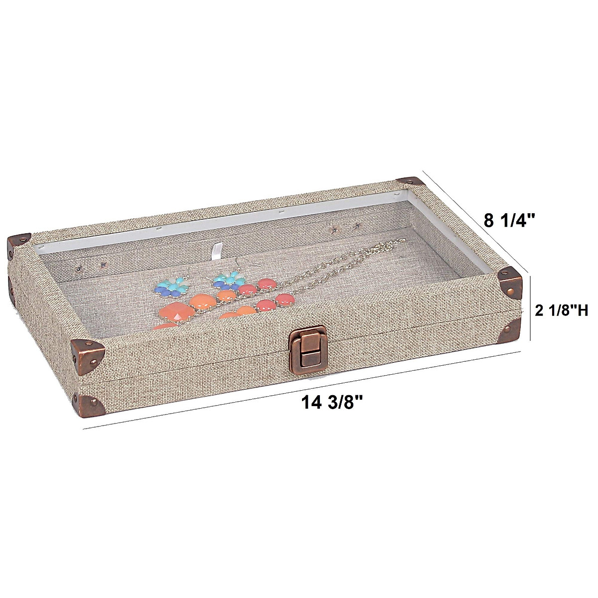 888 Display USA - Burlap Storage/Jewelry Case with Glass Top and Latch Display Tray