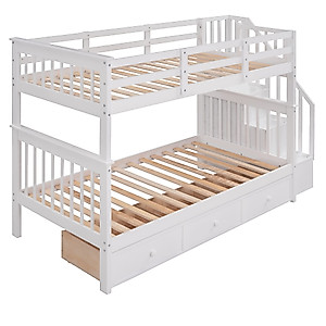 Twin Over Twin Bunk Bed with Stairs and 3 Storage Drawers, Solid Wood Bunk Bed Frame with Storage for Kids, Teens, Adults, Bedroom, Dorm. No Box Spring Needed (White)