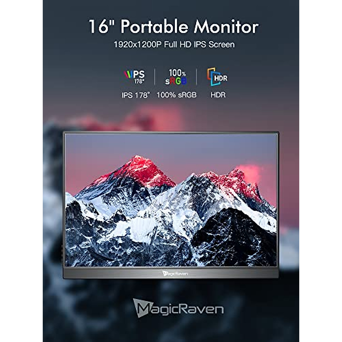 MAGICRAVEN Portable Monitor, 16" 1920x1200P FHD IPS Laptop Monitor, Dual USB C HDMI Computer Monitor Gaming Display with Speakers, Second Screen Travel Monitor for PC Phone PS5/4 Xbox Switch