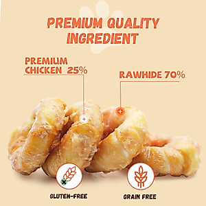 Pawmate Dog Treats Large Breed, Chicken Wrapped Rawhide Donuts Ring Rawhide Dog Chews Long Lasting Grain Free Snacks with Taurine for Medium Large Dogs 4 Counts