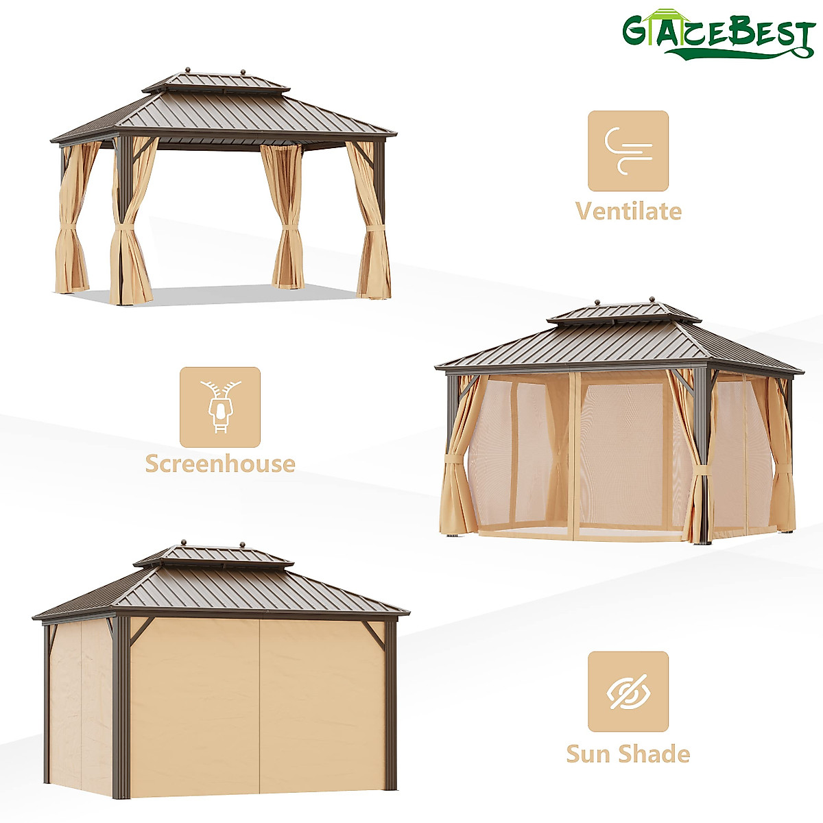 GAZEBEST 10' X 12' Permanent Hardtop Gazebo, Outdoor Galvanized Steel Double Roof Pavilion Pergola Canopy with Aluminum Frame and Privacy Curtains for Garden Patio,Patio Backyard,Deck and Lawns