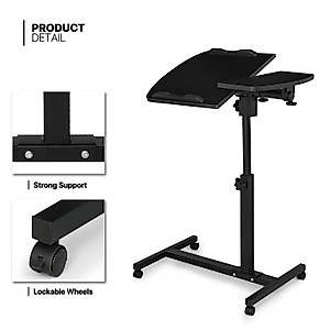 MoNiBloom Mobile Standing Desk, Tilting, Portable Height Adjustable Sit Stand Work Table Overbed Laptop Table Computer Cart with Wheels for Bed Couch Office, Black