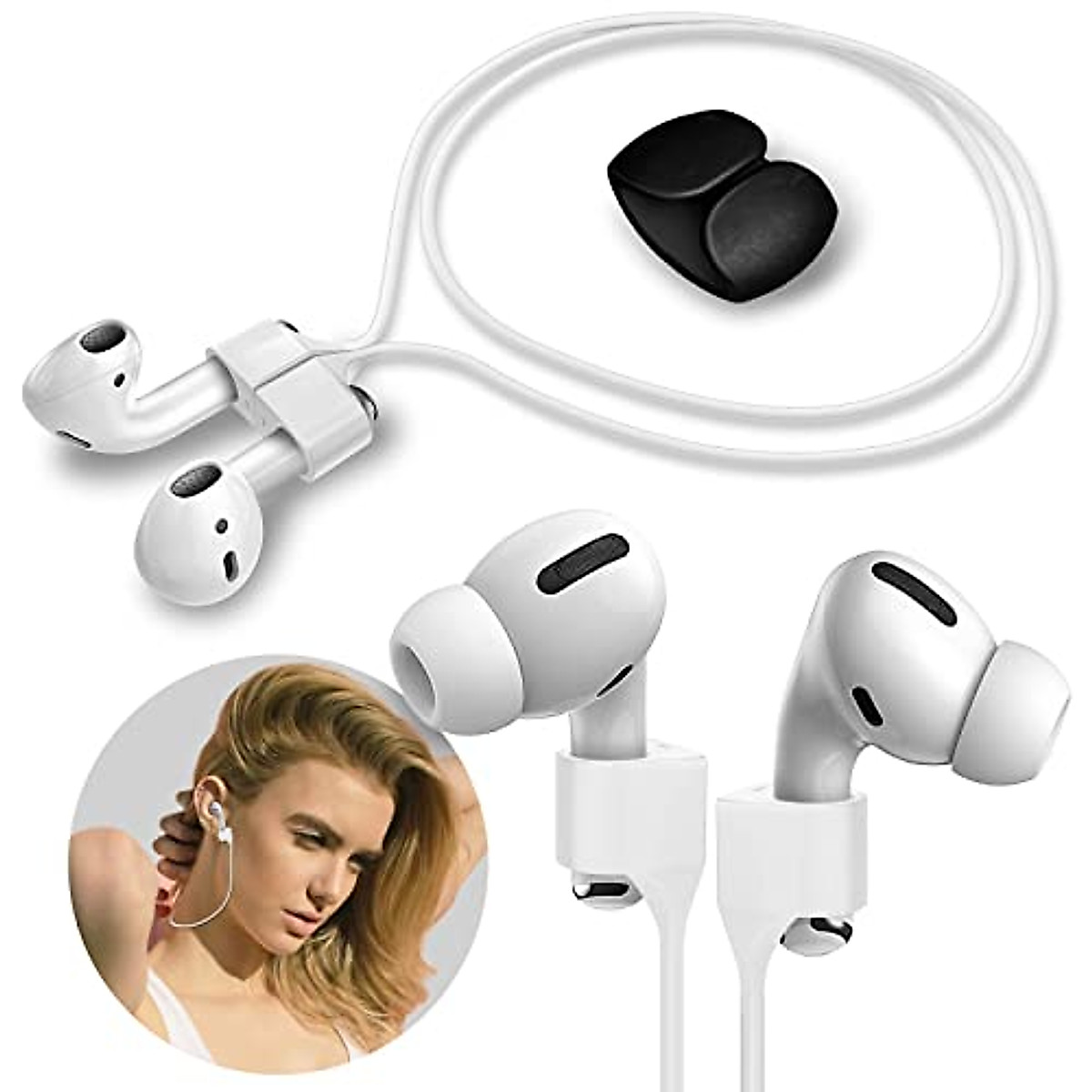 Vsagier Strong Magnetic Airpods Strap, Silicone Anti-Lost Cord Sports Lanyard with Extra Tangle-Free Cable Storage Case, Compatible with Airpods 3rd / 2nd Generation/Pro / 1(White)