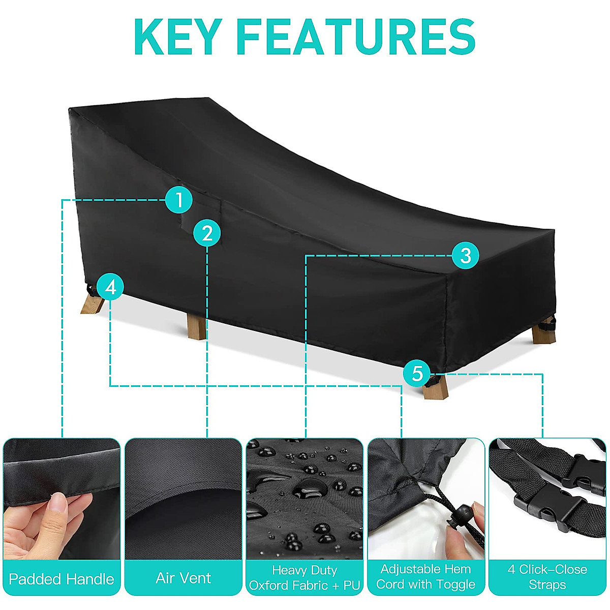 WLEAFJ Patio Chaise Lounge Cover Waterproof, Heavy Duty Outdoor Lounge Chair Covers, Black Durable Patio Furniture Covers, 78L x 34W x 32H inch