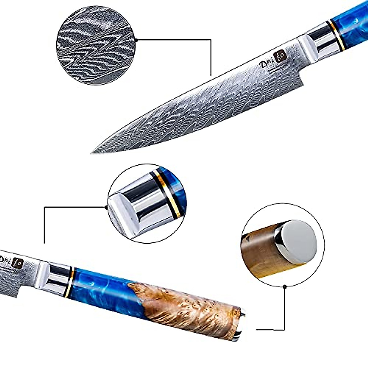 Cloverpeia Utility Knife 5 inch, Paring Knife Japanese Damascus Steel Kitchen Knife VG10 Full Tang Resin&Wood Handle with Gift Box, Fruits and Vegetables Chopping Carving Knives