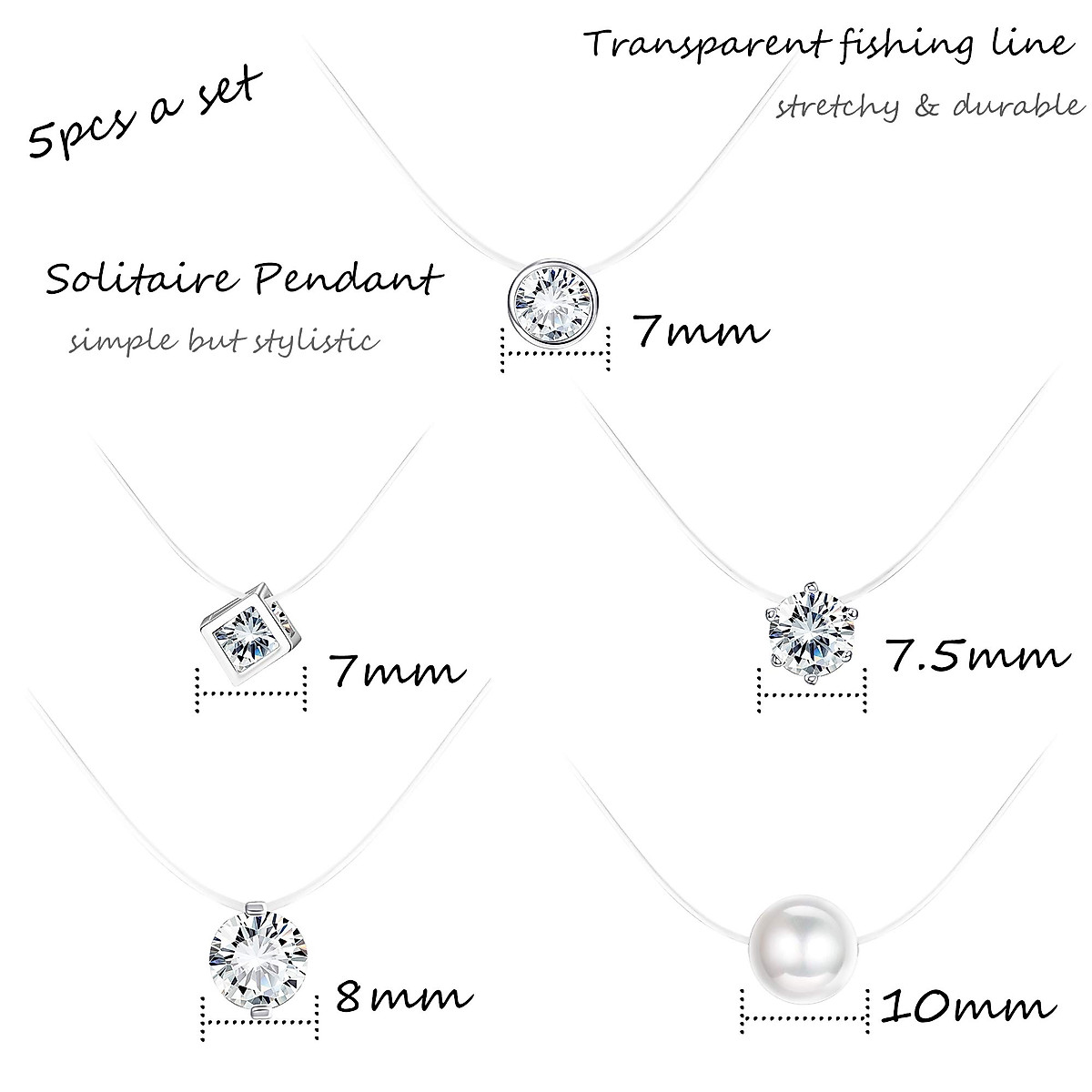 MILACOLATO 5Pcs Transparent Fishing Line Necklace Solitaire Dazzling Zircon Clear Pearl Choker Necklace