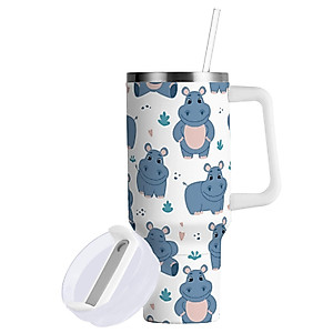 Wfrish Cute Blue Hippos Tumbler with Handle and Straw Lid, 40 oz Insulated Coffee Cup Stainless Steel Water Bottle Travel Mug Cupholder Friendly,Gifts for Women Men