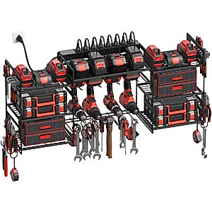 CCCEI Black Power Tools Organizers Wall Mount, Large Tools and Battery Storage Rack Charging Station. 8 Drill Holder, All Metal, Garage Utility Shelves with 6FT Power Strip. Gift for Men.