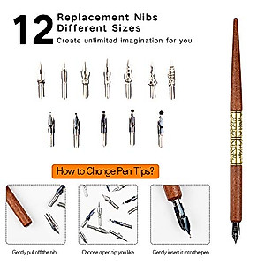 Feather Quill Pen and Ink Set,Writing Quill,Vintage Calligraphy Dip Pen Kit with 17Replacement Nibs,Wax Seal Sticks,Wooden Dip Pen,2 in 1 Seal Stamp Pen Nib Base,Envelope,Letter Opener