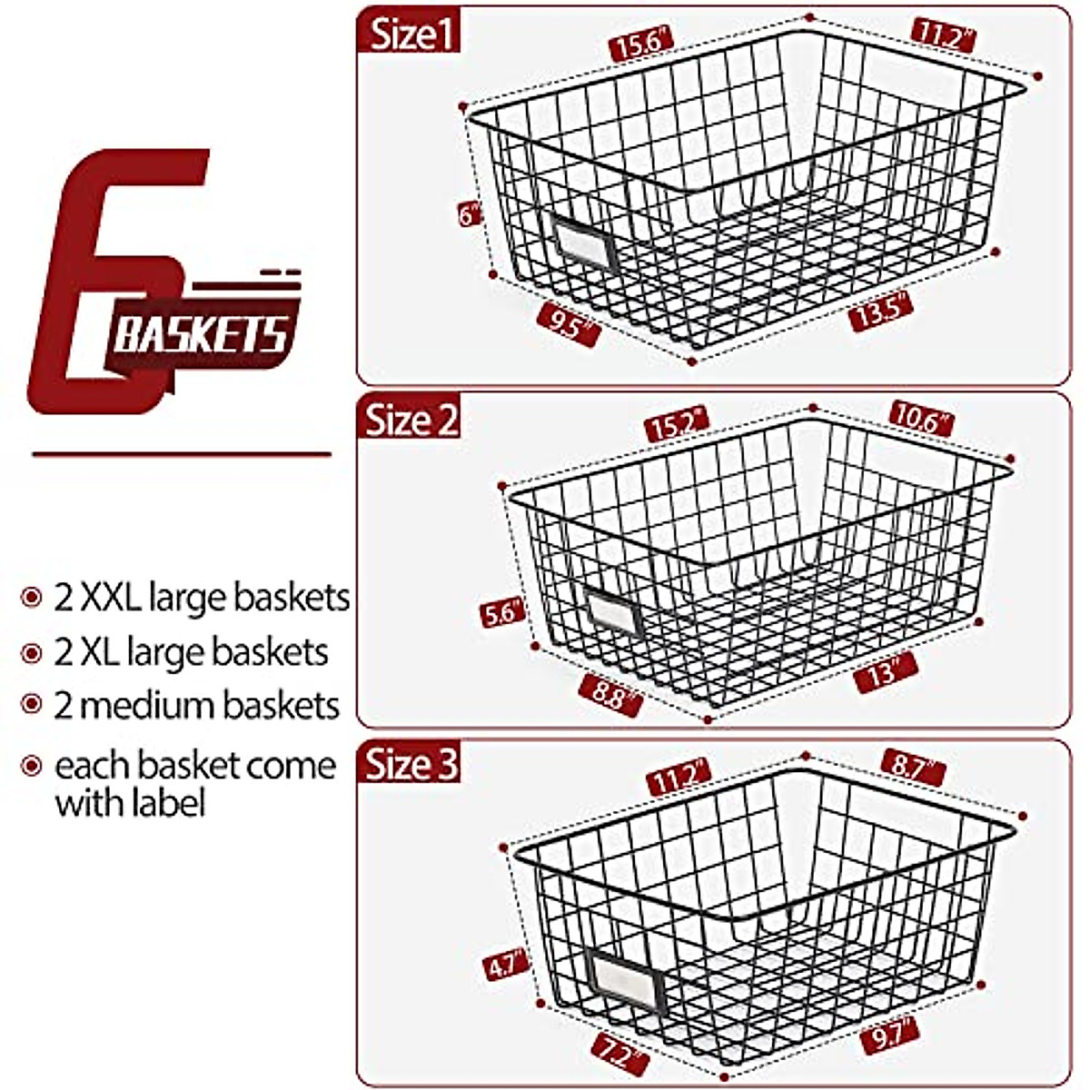 6 Pack [ Extra Large ] Wire Storage Baskets for Organizing with Lables, Pantry Organization Bins for Cabinets - Metal Basket for Kitchen, Laundry, Garage, Fridge, Bathroom Countertop Organizer, Black