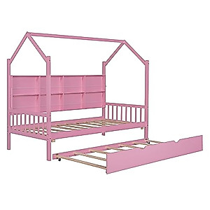 GOWE Wooden Twin Size House Bed with Trundle,Kids Bed with Shelf,Pink
