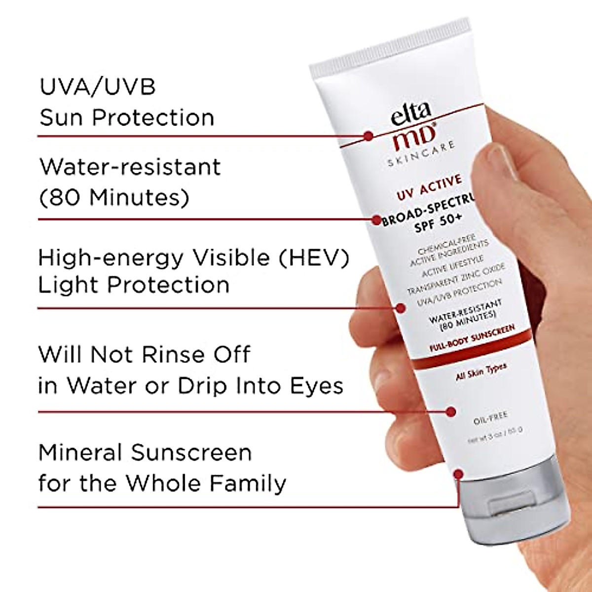 EltaMD UV Active SPF 50+ Mineral Sunscreen Lotion, Broad Spectrum Physical Sunscreen for Face and Body, Water-Resistant Up to 80 Minutes, Oil-Free, Non-Greasy, Full Body Sunscreen, 3.0 OZ Tube