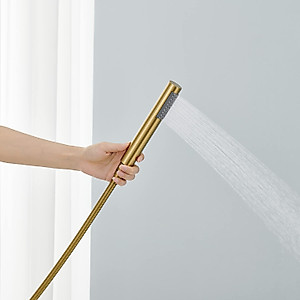 Wowkk Waterfall Freestanding Bathtub Faucet Brushed Gold Floor Mount Tub Filler Brass Single Handle Bathroom Faucets with Hand Shower