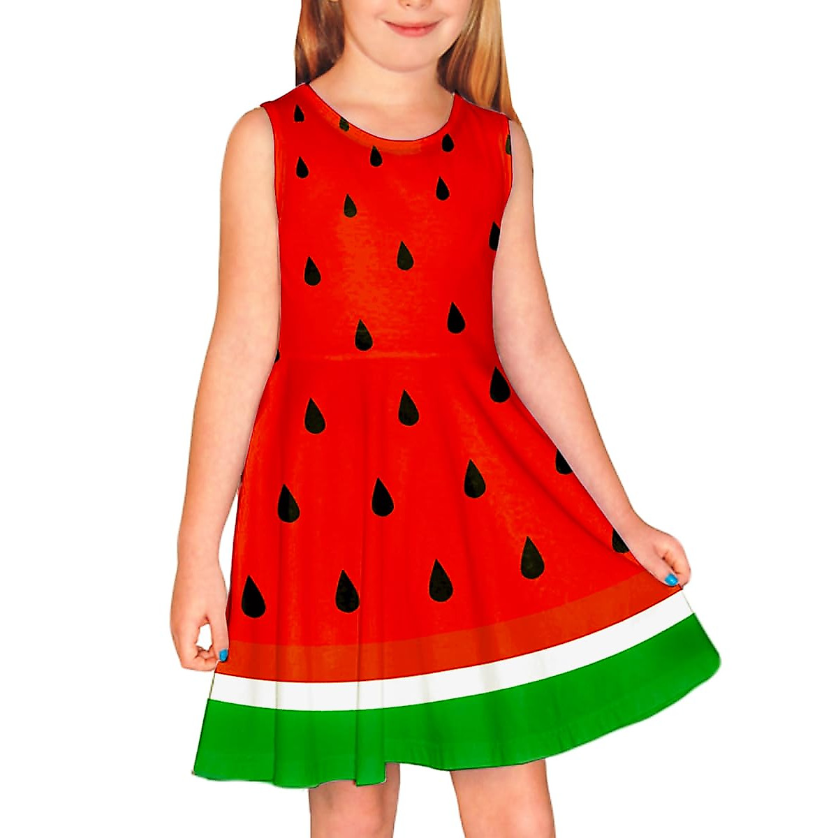 Girls Watermelon Dress Summer Sleeveless Tank Dress Fruit Printed Twirl Skater Flowy Dress 5-6 Years