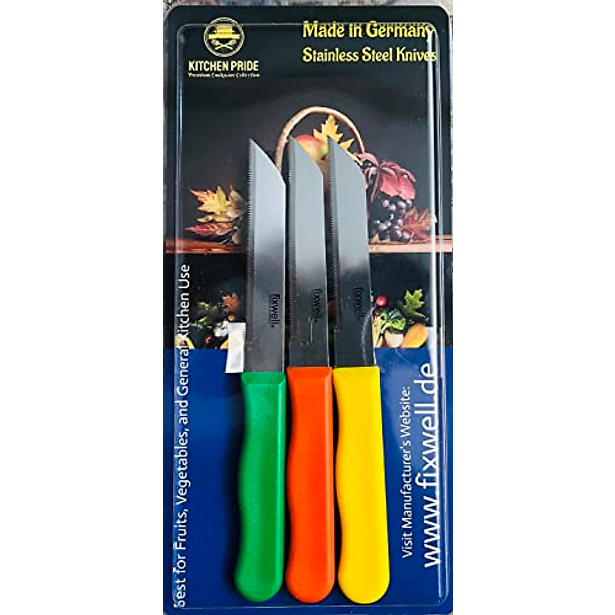 fixwell MADE IN GERMANY STAINLESS STEEL KNIVES -PACK OF 3 KNIVES (ORANGE, YELLOW, GREEN) -3.5" SHARP SERRATED BLADE -IDEAL FOR KITCHEN AND GENERAL USE, BREADS, SANDWICHES, AND PRECISION FOOD CUTTING