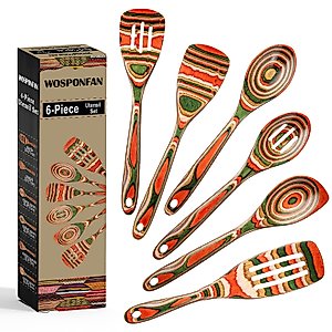 Wooden Spoons for Cooking, WOSPONFAN Kitchen Utensils Set, Pakkawood Kitchen Cooking Utensils Set, Apartment Essentials Wood Serving Spatula spoon, Salad Tongs, Home & kitchen Gift for Women