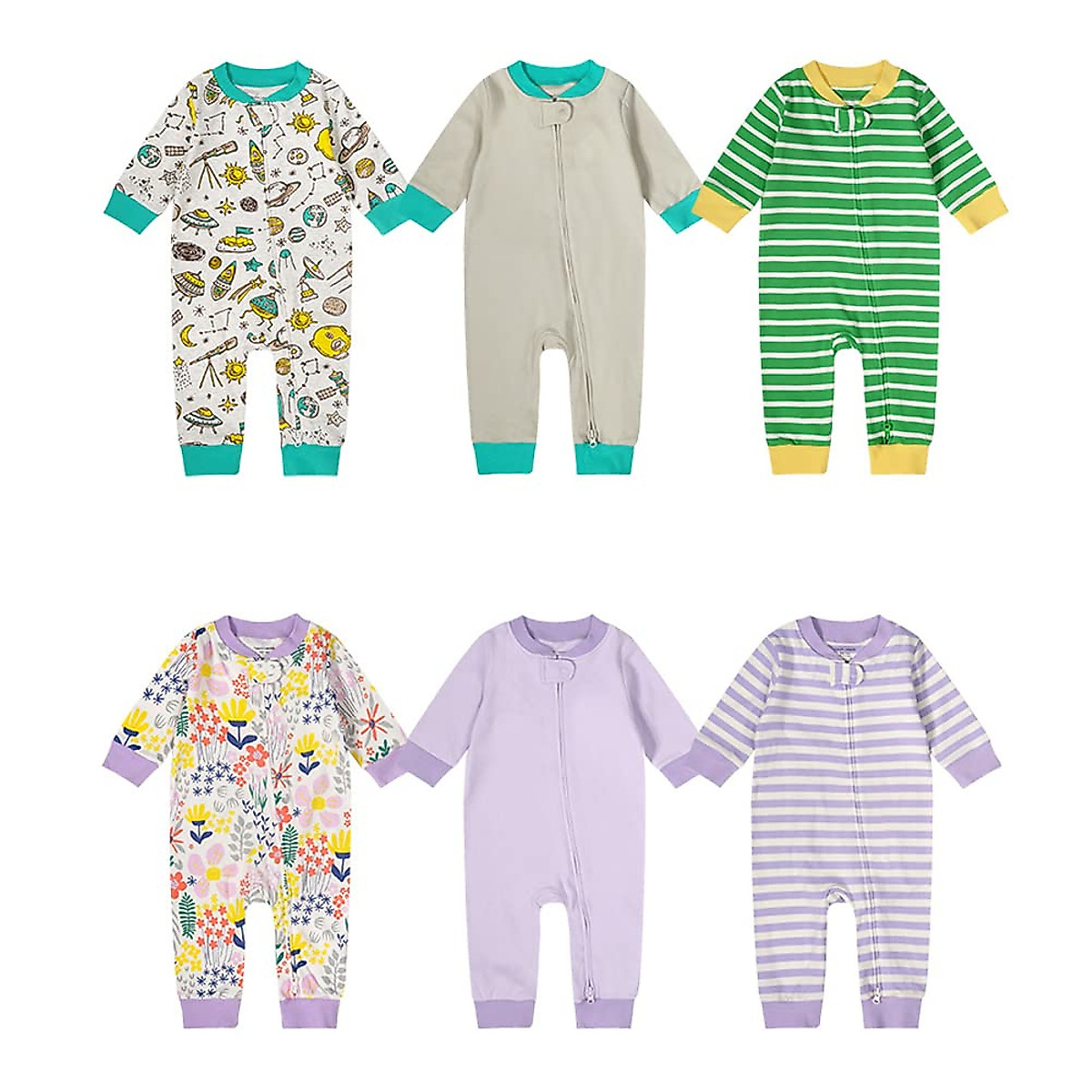 Teach Leanbh Baby Boys Girls 3 Pack Footless Pajamas Cotton Long Sleeve 2 Way Zipper Romper Sleep and Play (as1, age, 3_months, 6_months, Baby, Purple/Flower, 3-6 Months)