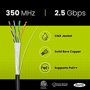 trueCABLE Cat5e Outdoor, 1000ft, Waterproof Direct Burial Rated CMX, Black 24AWG Solid Bare Copper, 350MHz, PoE++ (4PPoE), ETL Listed, Unshielded UTP, Bulk Ethernet Cable