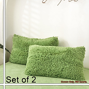 MorroMorn Decorative Pillows Covers, 2 Packs Faux Fur Pillow Cases, Luxury Shaggy Throw Pillowcase Cushion Shams with Zipper Closure Home Decor for Couch Sofa Bed Room (Green, King/Cali King)