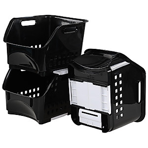 Ziglous 3 Packs Plastic Stacking Storage Baskets, Plastic Stackable Organizer Bins, Black