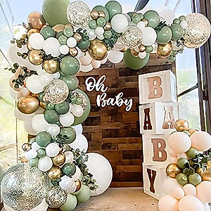 OKAKA 150pcs Olive Green Balloon Garland Arch Kit, Gold Confetti Balloons Sage Green Balloon and Gold Metallic Chrome Latex Balloons Set Wedding Birthday Balloons Baby Shower Decorations (Sage Green)