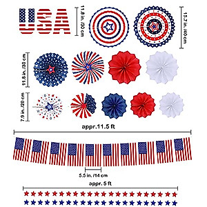 Bulk Patriotic Red White Blue Party Decoration Assortment American USA Flag Banner Star Garland Hanging Paper Fans Hanging Swirl Tissue Paper Pom Poms for 4th of July Independence Day Memorial Day