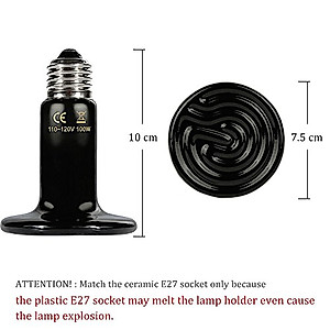 Zacro Reptile Heat Lamp 100W with One Digital Thermometer, Infrared Ceramic Heating Non-light Lamps Emitter 110V (Black)