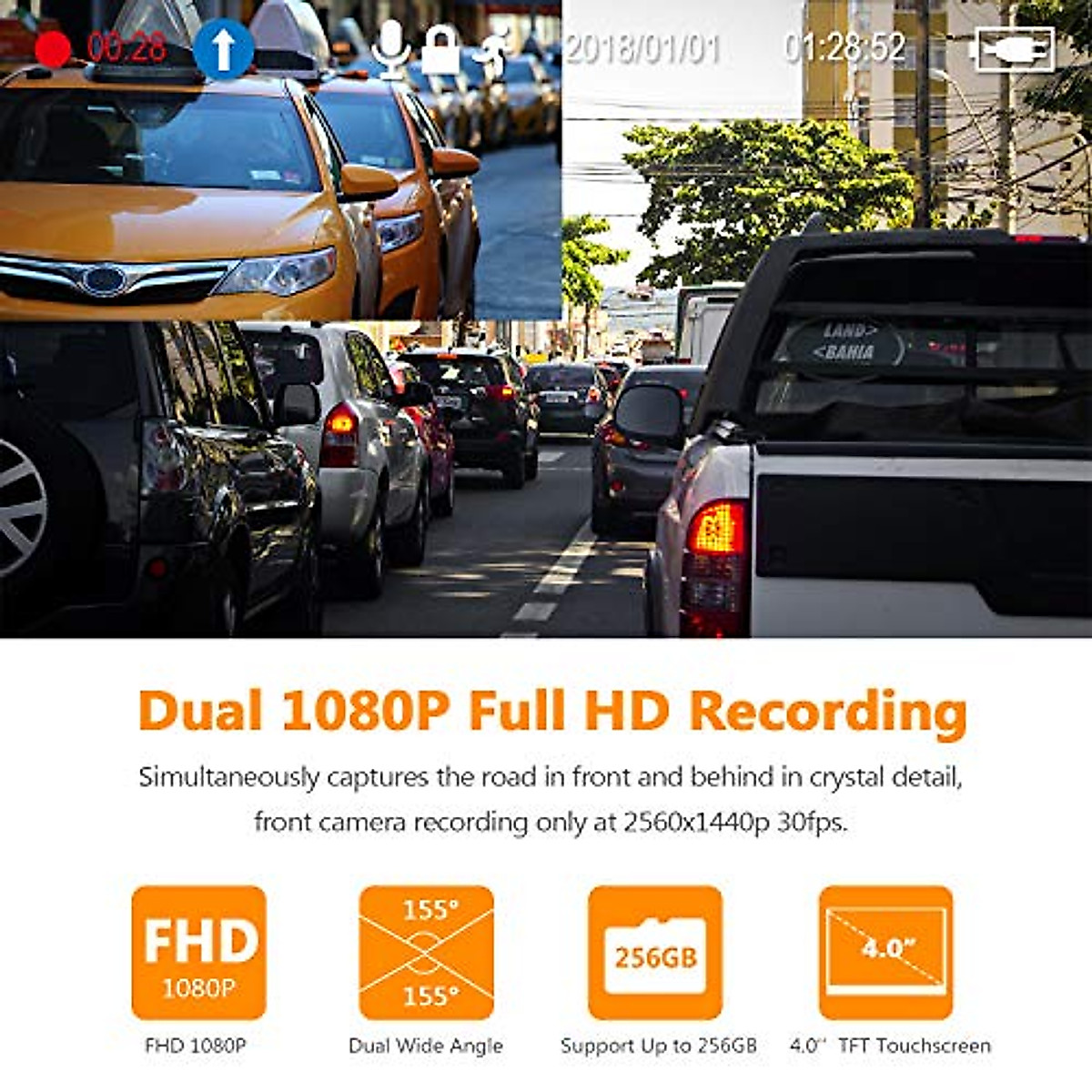 Z-Edge Dual Dash Cam 4.0" Touch Screen Front and Rear Dash Cam FHD 1080P with Night Mode, 32GB Card Included,155 Degree Wide Angle, WDR, G-Sensor, Loop Recording, Support 256GB Max