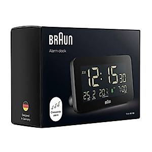 Braun Digital Alarm Clock with Date, Month and Temperature Displayed, Negative LCD Display, Quick Set, Crescendo Beep Alarm in Black, Model BC10B.