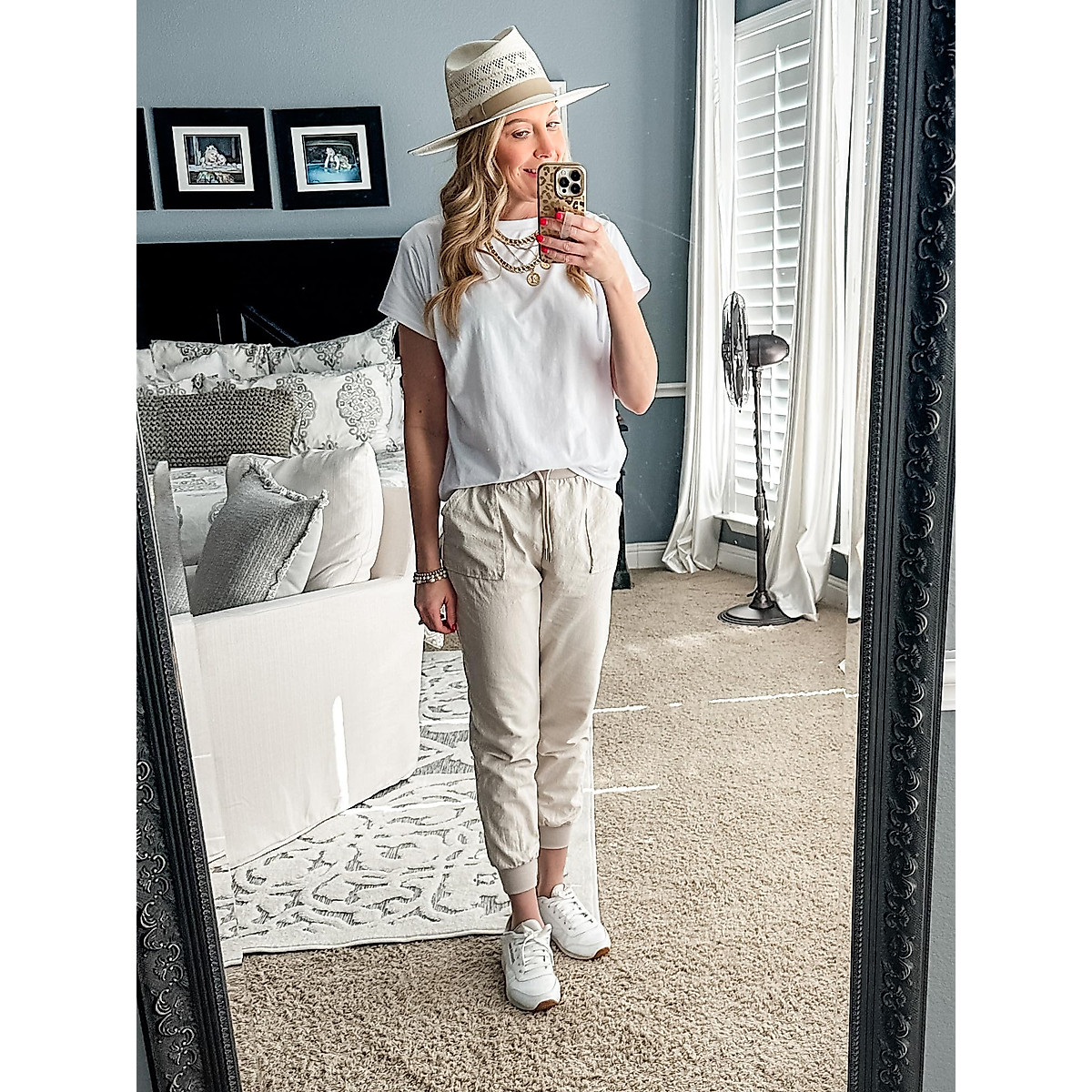 Puimentiua Womens Tapered Pants Cotton Linen Drawstring Back Elastic Waist Pants Casual Trousers with Pockets Khaki