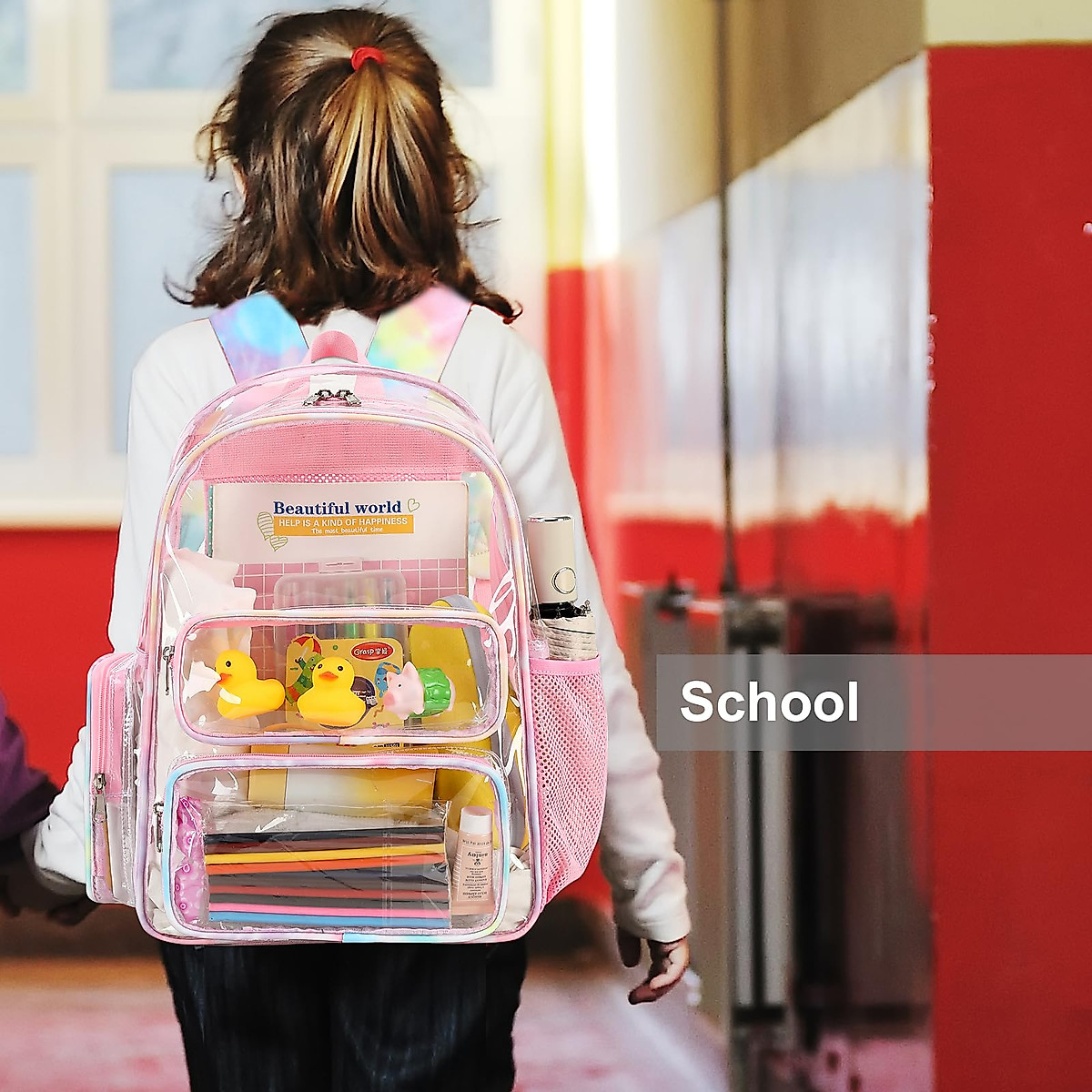 CAMTOP Clear Backpack Heavy Duty PVC Transparent Bag See Through BookBag for Student School Work Festival Sport Travel(Pink Yellow)