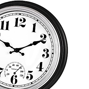 45Min 12 Inch Indoor/Outdoor Retro Round Waterproof Wall Clock with Thermometer, Silent Non Ticking Battery Operated Quality Quartz Wall Clock Home/Patio Decor(Silver F)