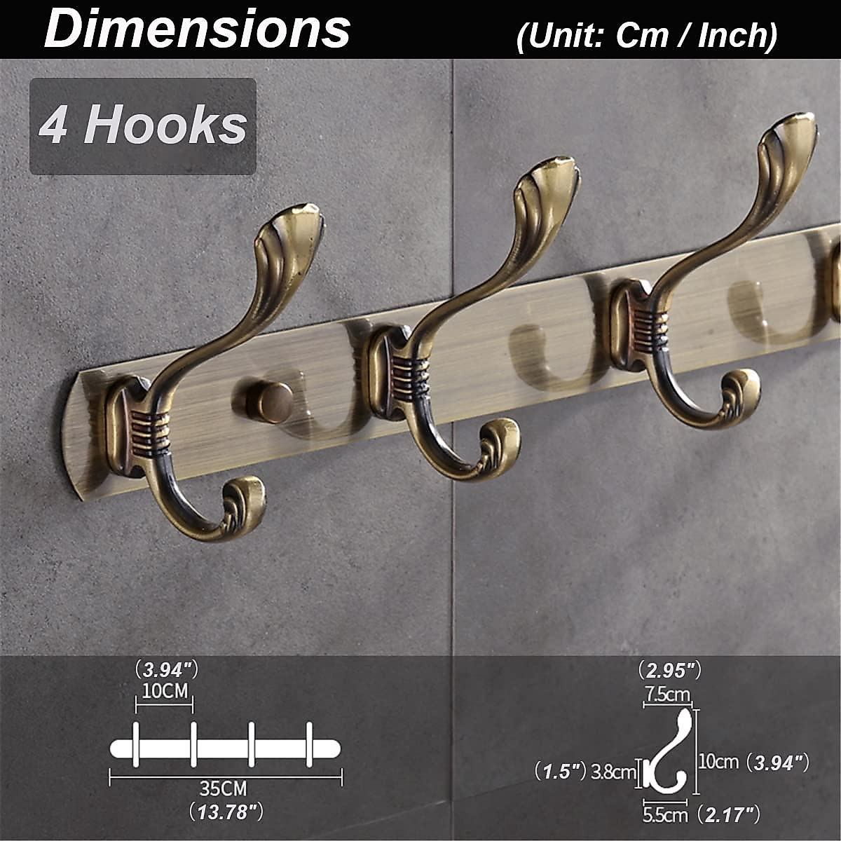 Flybath Coat Rack Wall Mount with 4 Hooks for Hanging Coat Hat Robe Towel Stainless Steel Antique Row Hook Rail, Brushed Bronze