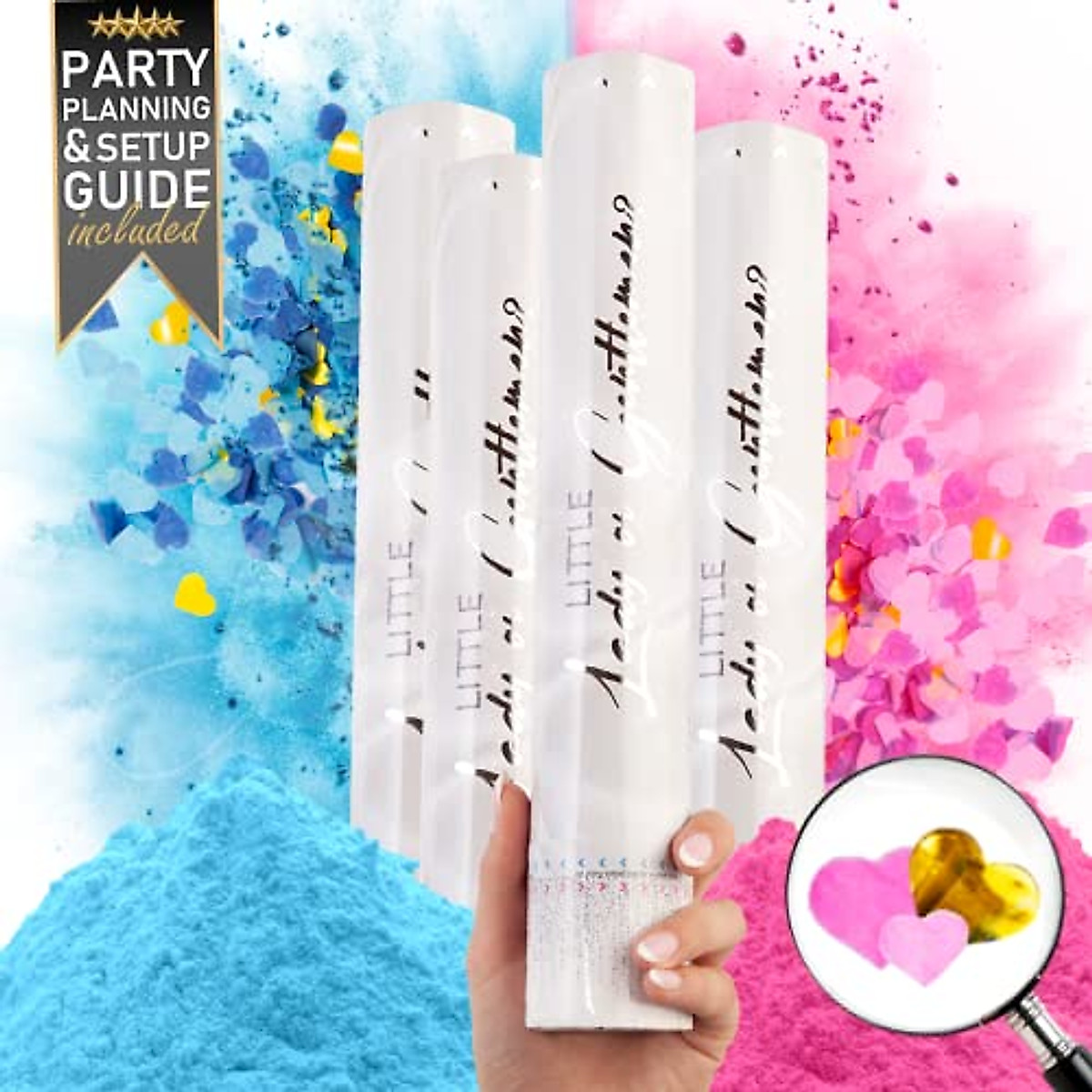 Gender Reveal Confetti Cannon Bulk - Set of 4 - Biodegradable Gender Reveal Powder Cannon and Heart Shaped Blue & Pink Confetti Cannons | Gender Reveal Ideas, Boy or Girl Gender Reveal Poppers and Smoke Gender Reveal Cannons | Gender Reveal Smoke Bombs an