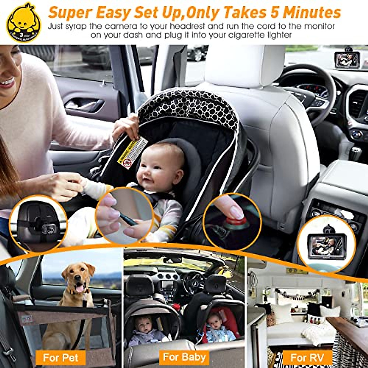 DoHonest Baby Car Camera HD 1080P with Display - Infant Safety Seat Baby Car Mirror for Rear Facing 5 Mins Easy Installation Night Vision V33