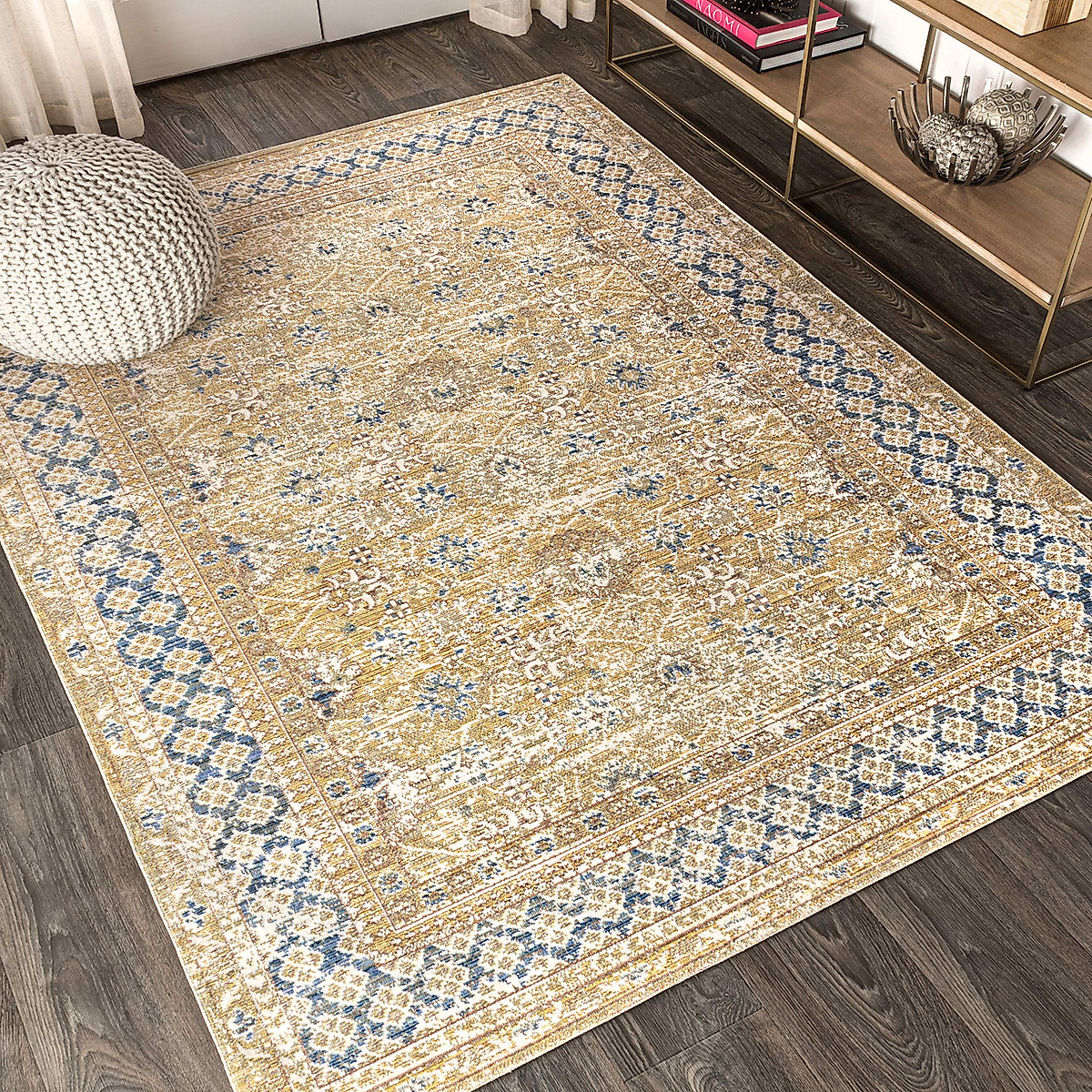 JONATHAN Y SMB107J-28 Madrid Vintage Filigree Textured Weave Indoor Outdoor Area-Rug, Classic Traditional Transitional Easy -Cleaning,Bedroom,Kitchen,Backyard,Patio,Non Shedding, Cream/Green, 2 X 8