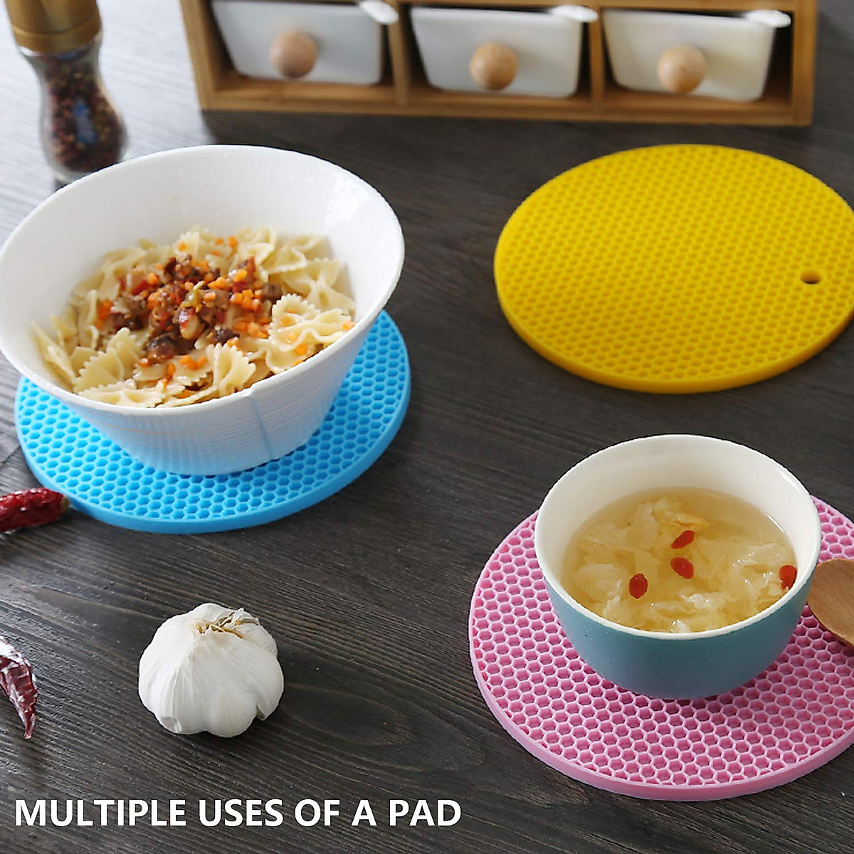 6 Pack Silicone Trivets Pot Mat Round,Pan Pot Holders Set Heat Resistant-Resistant (440ºF) & Eco-Friendly,Insulation,Non Slip Silicon Hot DishTrivet for Kitchen DiningTable Countertop,with 8 hooks