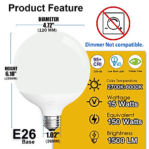 ILC G120 LED Large Globe Light Bulbs 15W, Work with Alexa Required Echo Device, Φ4.72 inch, Color Changing, CCT Color Temprature Turnable 2700K-6000K, CRI>95+, 150W Equivatlent, E26 Base (2 Pack)